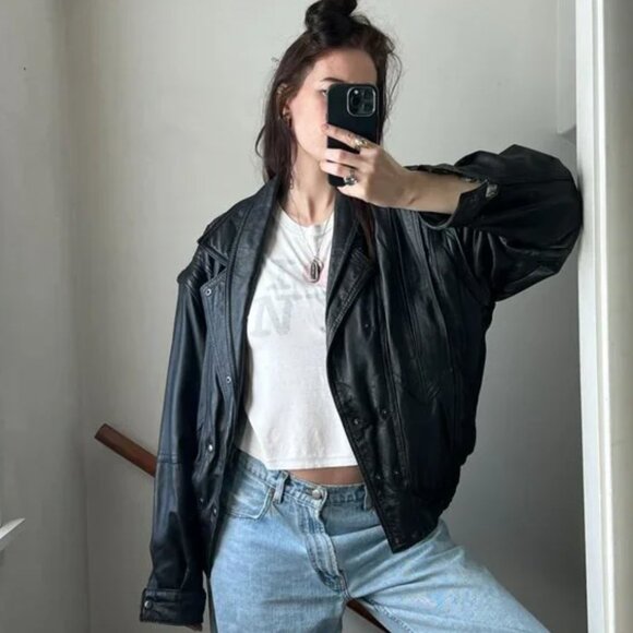Vintage | Jackets & Coats | Vintage Black Leather Bomber Jacket ...
